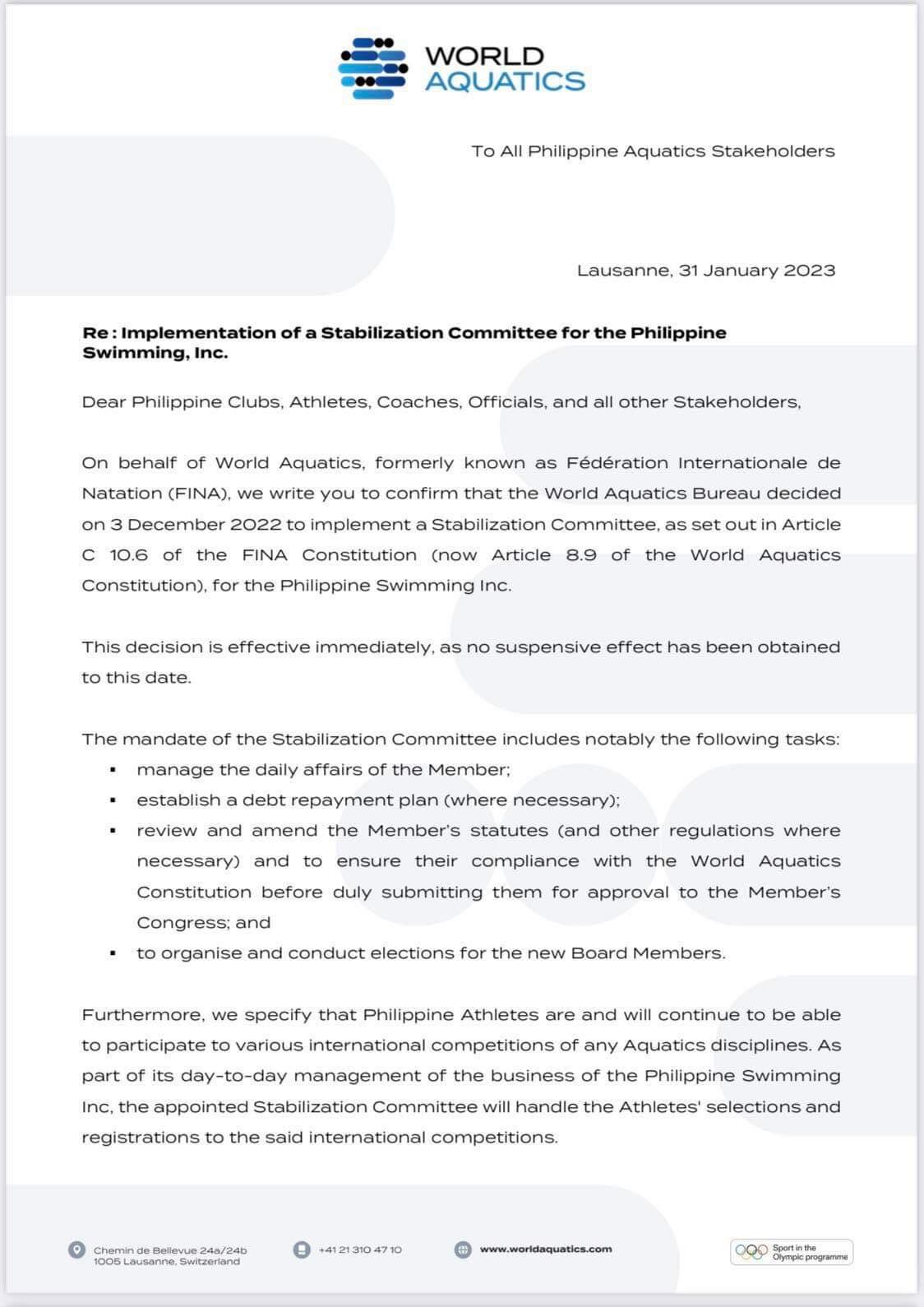 Memo of WORLD AQUATICS to all Philippine Aquatics Stakeholders