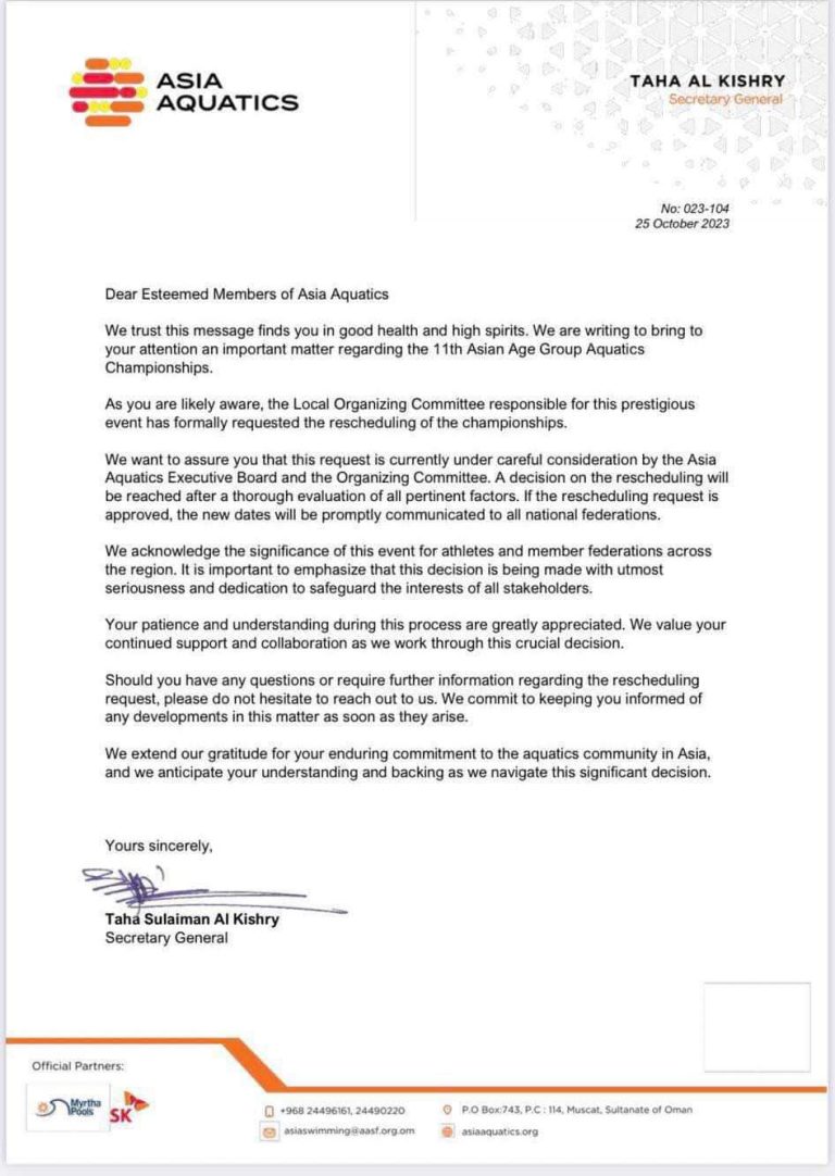 Asia AquaticsOfficial Statement on the Postponement of the 11th Asian ...